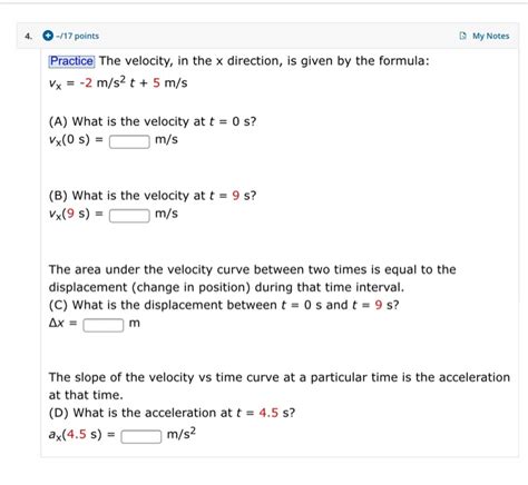 Solved 17 Points My Notes 4 Practice The Velocity In The Chegg Com