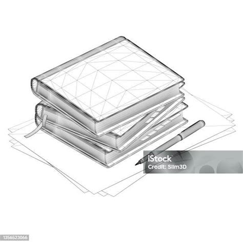 흰색 배경에 고립 된 검은 색 선에서 종이와 펜이있는 책 스택의 와이어 프레임 3d 벡터 일러스트레이션 3차원 형태에 대한 스톡 벡터 아트 및 기타 이미지 Istock