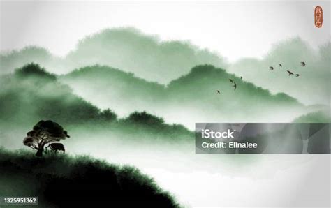 언덕에 작은 집과 안개 숲 산과 풍경 전통적인 동양 잉크 페인팅 스미e U죄 고화 0명에 대한 스톡 벡터 아트 및 기타 이미지 Istock