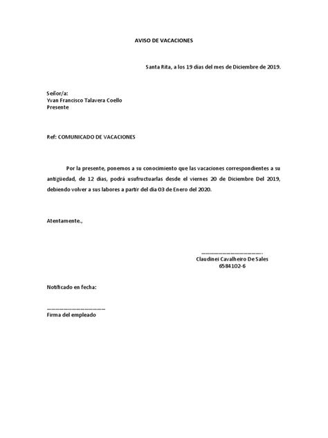 Aviso De Vacaciones Pdf