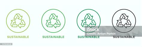 지속 가능한 라인 녹색과 검은 색 아이콘 세트입니다 지속 가능성 자연 픽토그램 에코 재활용 아이콘입니다 지속 가능한 화살표 기호입니다 생분해성 식품 씰 제로 웨이스트 사인