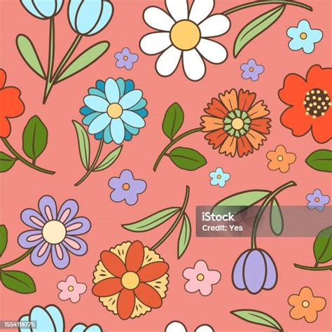 Floral Vector Seamless Pattern In Groovy Retro Style Hand Drawn