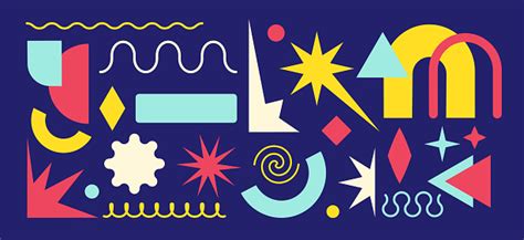 현대 기하학적 도형 추상적 인 형태 및 모양 현대적인 미니멀 브루탈리즘 스타일 플랫 스위스 디자인 미학 밝고 장난기 넘치는 색상