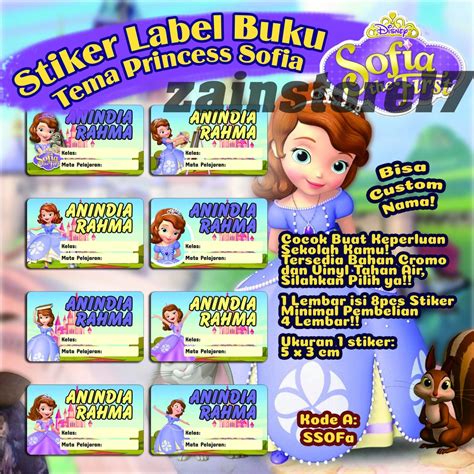 Jual Stiker Label Buku Gambar Kartun Princess Sofia Bisa Custom Nama Shopee Indonesia