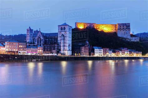 Belgium Wallonia Huy Huy Citadel And Notre Dame Church At Night