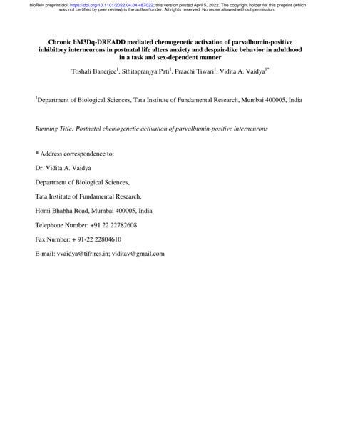 Pdf Chronic Hm3dq Dreadd Mediated Chemogenetic Activation Of Parvalbumin Positive Inhibitory