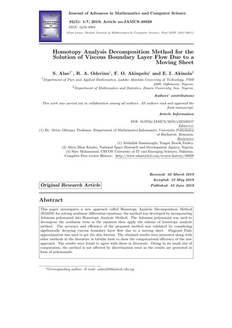 Pdf Homotopy Analysis Decomposition Method For The Solution Of Viscous Boundary Layer Flow Due
