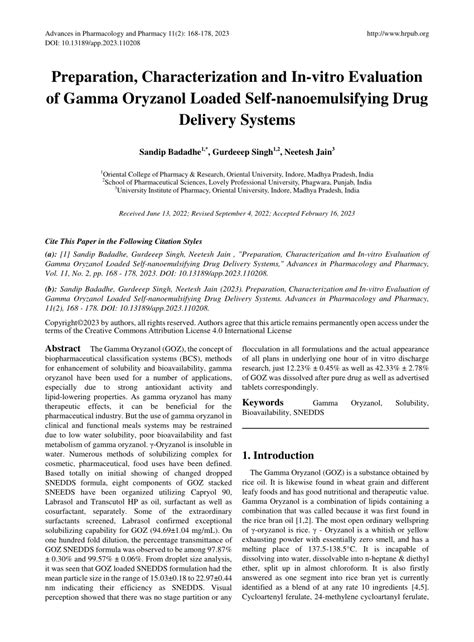 Pdf Preparation Characterization And In Vitro Evaluation Of Gamma Oryzanol Loaded Self