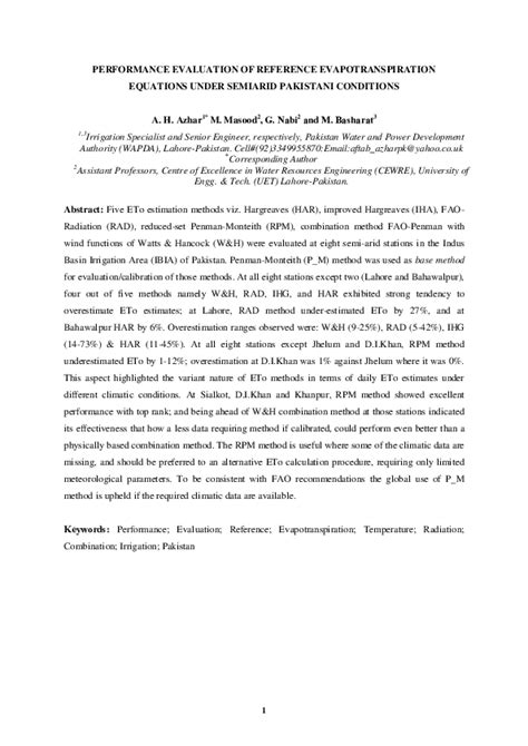 Pdf Performance Evaluation Of Reference Evapotranspiration Equations Across A Range Of Indian