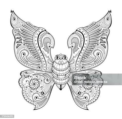 고대 전설에 나오는 마법의 호전적인 나비의 삽화 아이들 색칠하기 책을 위한 흑백 페이지 로고 또는 문신을 인쇄하십시오 어린이와 성인을 위한 그림 그리기 및 명상용 시트입니다
