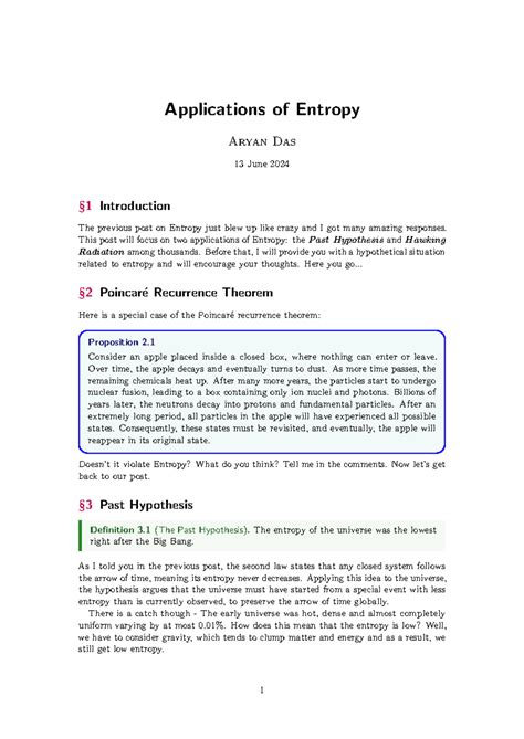 Applications Of Entropy Applications Of Entropy Aryan Das 13 June 2024 §1 Introduction The