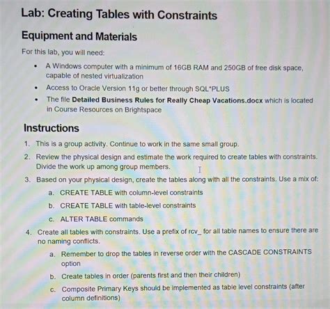 Solved Lab Creating Tables With Constraints Equipment And