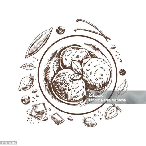 초콜릿 과일 딸기 바닐라 포드가 있는 접시에 아이스크림 공을 손으로 그린 스케치 평면도 빈티지 그림입니다 라벨 포장 및 엽서 디자인을위한 요소 그리기에 대한 스톡 벡터 아트