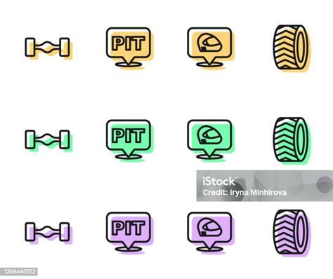 세트 라인 레이싱 헬멧 섀시 자동차 피트 스톱 및 자동차 타이어 휠 아이콘 벡터 검은색에 대한 스톡 벡터 아트 및 기타 이미지 검은색 고풍스런 교통 Istock