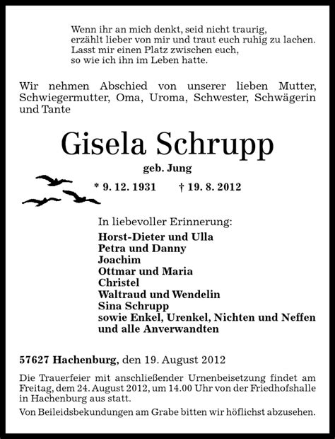 Traueranzeigen Von Gisela Schrupp Rz Trauer De