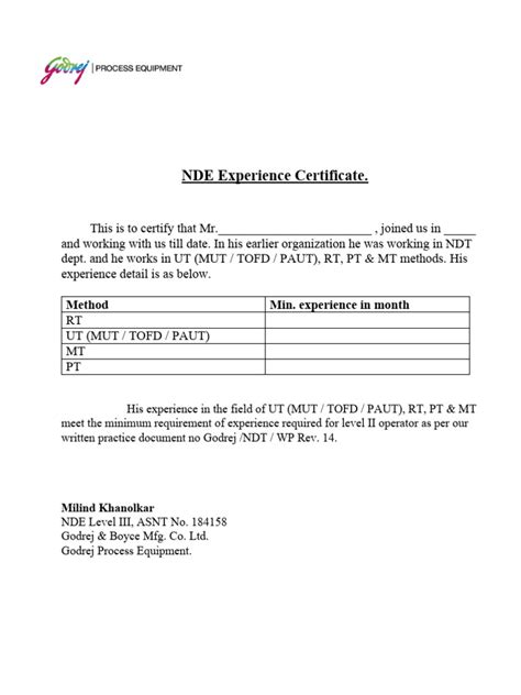 Nde Experience Certificate Blank Format Pdf
