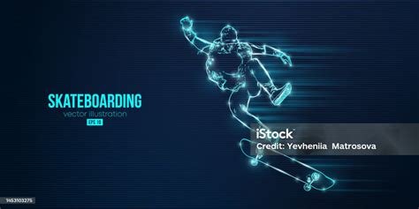 파란색 배경에 스케이트보더의 압착된 실루엣 스케이트 보더 남자가 트릭을하고 있습니다 스트리트 스케이트보드 벡터 그림 3차원 형태에 대한 스톡 벡터 아트 및 기타 이미지