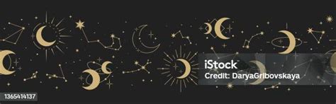 별자리 달 별과 매직 원활한 벡터 테두리 골드 장식 장식 점성술 난해 타로 신비와 마법에 대한 그래픽 패턴 럭셔리 우아한 디자인 로고에 대한 스톡 벡터 아트 및 기타 이미지