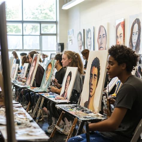 Students Focused On Painting In A Lively Art Class Premium Ai