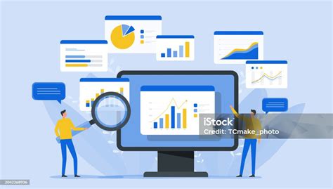 데이터 분석 연구를 위해 일하는 비즈니스 팀 사람들 및 웹 보고서 대시보드 모니터에서 모니터링 사업 금융 투자 계획 디자인 평면 벡터 일러스트 레이 션 디자인 컨셉 금융에