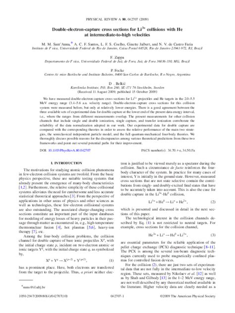 Pdf Double Electron Capture Cross Sections For Li {3 } Collisions With He At Intermediate To