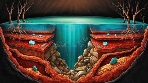 Underground Layers Showing Minerals Roots And Fossils Reflecting On Water Surface Stock