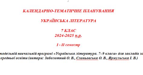 Календарно тематичне планування з української літератури на 2024 2025 н р I ІІ семестр КТП