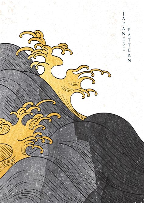 Japanese Hand Drawn Wave Background With Gold Foil Texture Vector Natural Art Template With