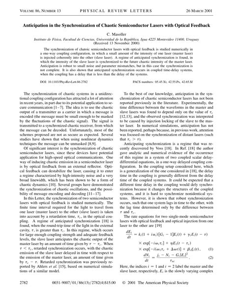 Pdf Anticipation In The Synchronization Of Chaotic Semiconductor