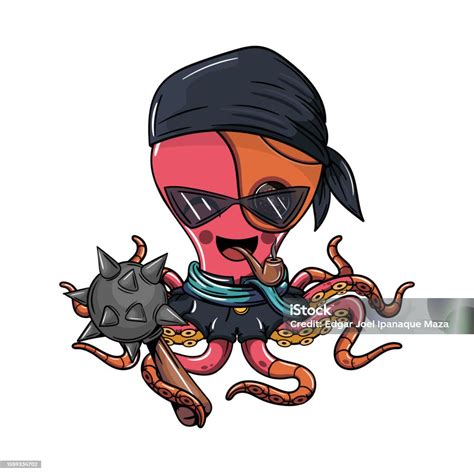 만화 만화 사이보그 문어 캐릭터는 전쟁 철퇴로 파이프를 피우고 있습니다 판타지 공상 과학 소설 및 모험 만화의 삽화