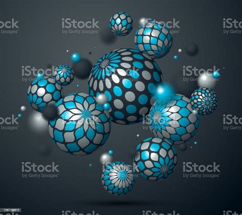 사실적인 장식 된 구 벡터 일러스트레이션 패턴과 필드 효과의 깊이와 아름다운 공추상 적 배경 3d 글로브 디자인 개념 예술 3