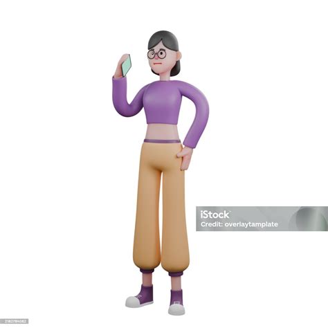 3d 만화 댄서 여성 무용수는 오른손은 전화기를 들고 왼손은 허리에 얹고 서 있습니다 표현적인 움직임 모델 댄서에 대한 스톡 사진 및 기타 이미지 Istock