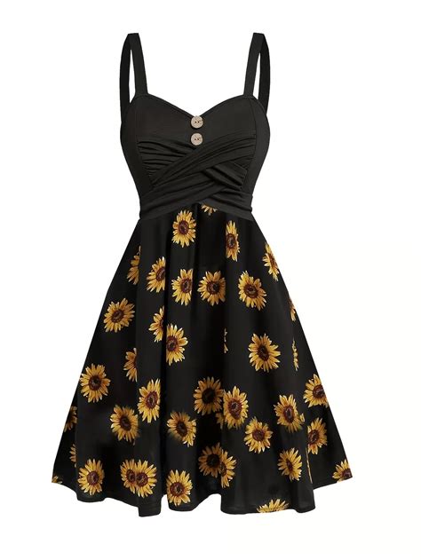 Stretchy Vintage Inspired Sunflower Print Dress Black And Sunflower
