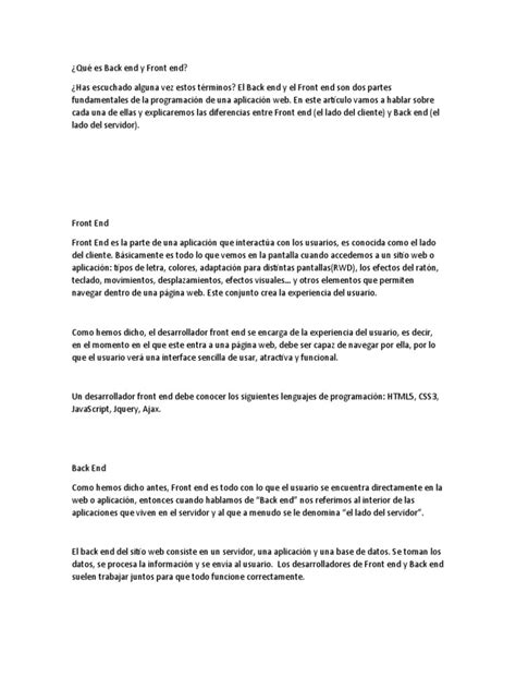 Qué Es Back End Y Front End Pdf Extremos Delantero Y Trasero Red Mundial