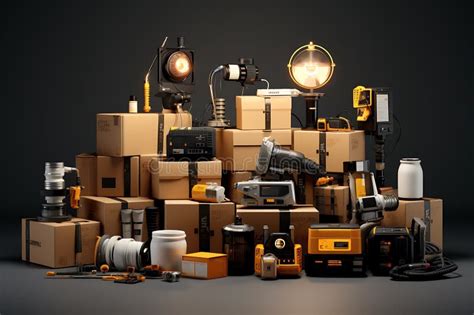 3d Rendering Of A Lot Of Electric Tools And Boxes On Black Background