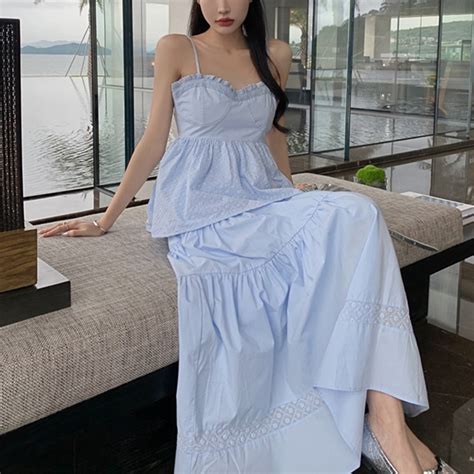 코디세트레이스 여름 뷔스티에 블라우스밴딩 프릴 롱스커트 세트 2k108782e