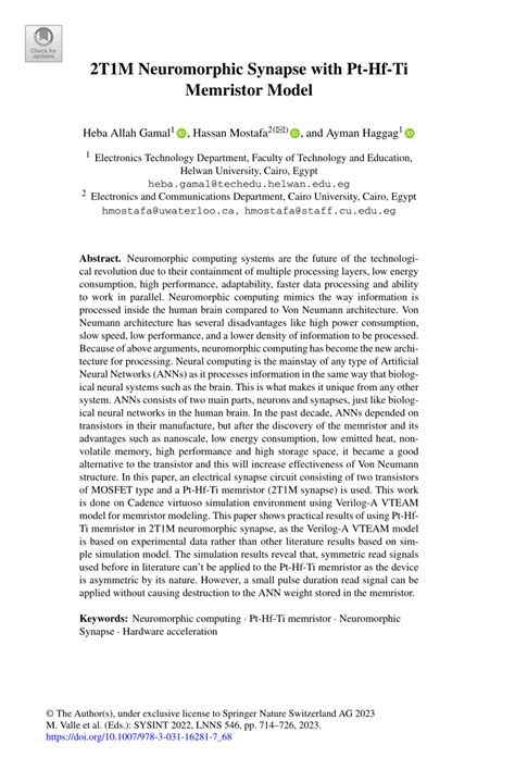 Pdf 2t1m Neuromorphic Synapse With Pt Hf Ti Memristor Model