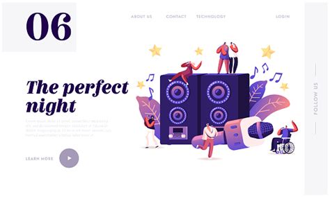 가라오케 바 또는 나이트 클럽 웹 사이트 랜딩 페이지에서 재미있는 노래를 하는 행복한 친구 거대한 역학 및 마이크 파티 축하 웹 페이지 배너 근처 작은 사람들 만화 플랫