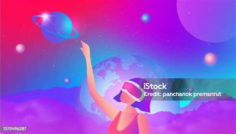 메타버스 디지털 가상 현실 및 증강 현실 기술 가상 현실 헤드셋 안경을 착용한 여성 가상 공간과 우주 벡터 일러스트레이션 메타버스에 대한 스톡 벡터 아트 및 기타 이미지