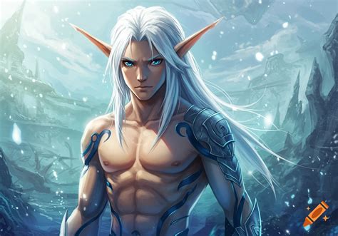Anime Style Fantasy Art Of A Shirtless Male Elf With Long White Hair