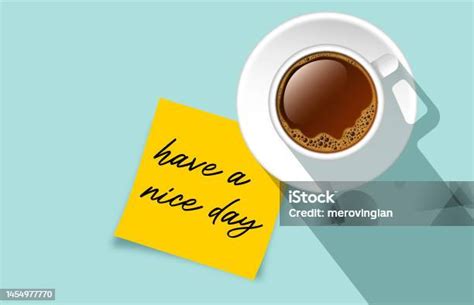 청록색 배경에 커피 한 잔과 좋은 하루 되세요 노란 종이에 텍스트 접착식 메모지에 대한 스톡 벡터 아트 및 기타 이미지 접착식 메모지 커피잔 차 뜨거운 음료 Istock