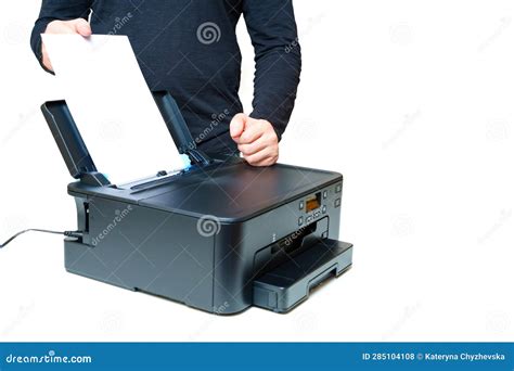 Inserting Paper Into Inkjet Printer S Rear Tray Stock Photo Image Of Userfriendly Printing