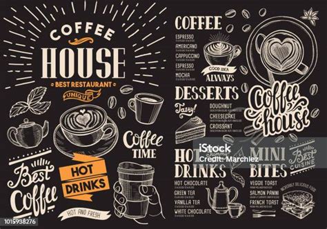 칠판에 커피 식당 메뉴입니다 벡터 음료 안내물 바와 카페 빈티지 그린 식품 삽화와 함께 서식 파일을 디자인 합니다 커피 마실 것에 대한 스톡 벡터 아트 및 기타 이미지