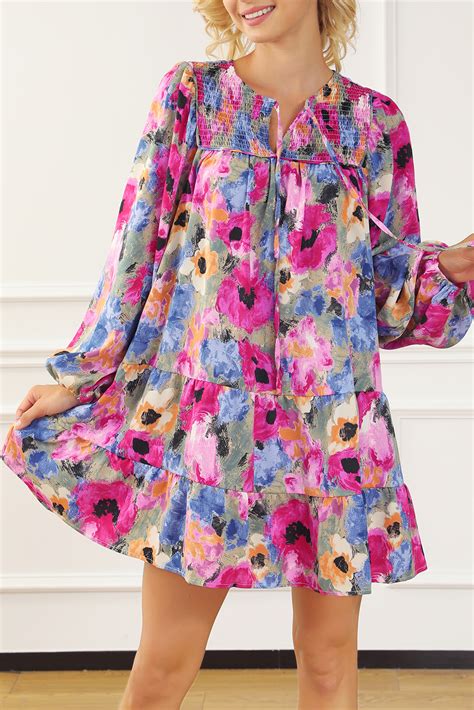 13 64 Multicolour Floral Tie Neck Bubble Sleeve Shift Dress Ds Dear