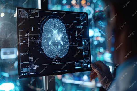 Premium Photo A Man Concentrates As He Examines A Computer Screen Displaying A Detailed Brain