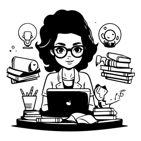 Premium Vector Girl In Glasses With Laptop And Books Vector