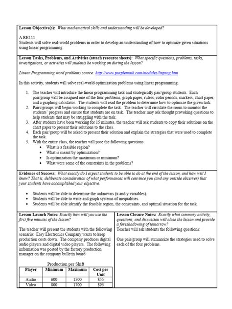Linear Programming Lesson Plan Pdf Linear Programming Mathematical Optimization