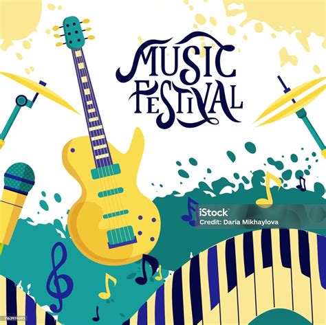 음악 축제에 대한 벡터 배너입니다 손 글자 콘서트 초대장 인사말 카드 파티 레이아웃 템플릿 성능 광고 브로셔 기타 마이크 피아노 플랫 스타일 일러스트 0명에 대한 스톡 벡터