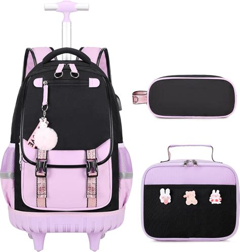 Bevalsa Rolling Backpack For Girls 3pcs Roller School