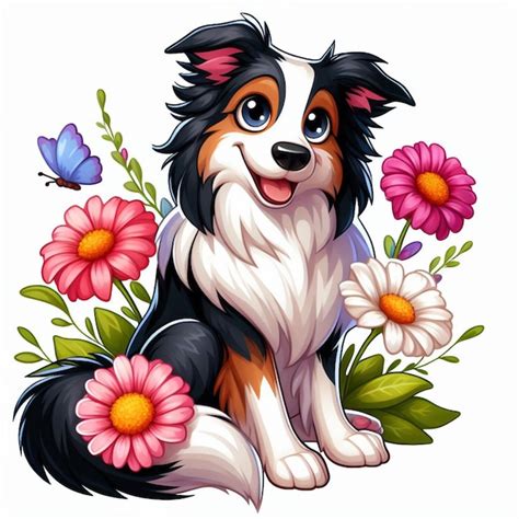 귀여운 보더 콜리 개와 꽃 터 만화 일러스트레이션 프리미엄 벡터